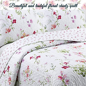 Cozy Line Home Fashions Light Pink Blue Flower Bloom Floral Garden Reversible Quilt Bedding Set, Coverlet Bedspread Lightweight for All Seasons (Carlotta, Queen - 3 Piece)