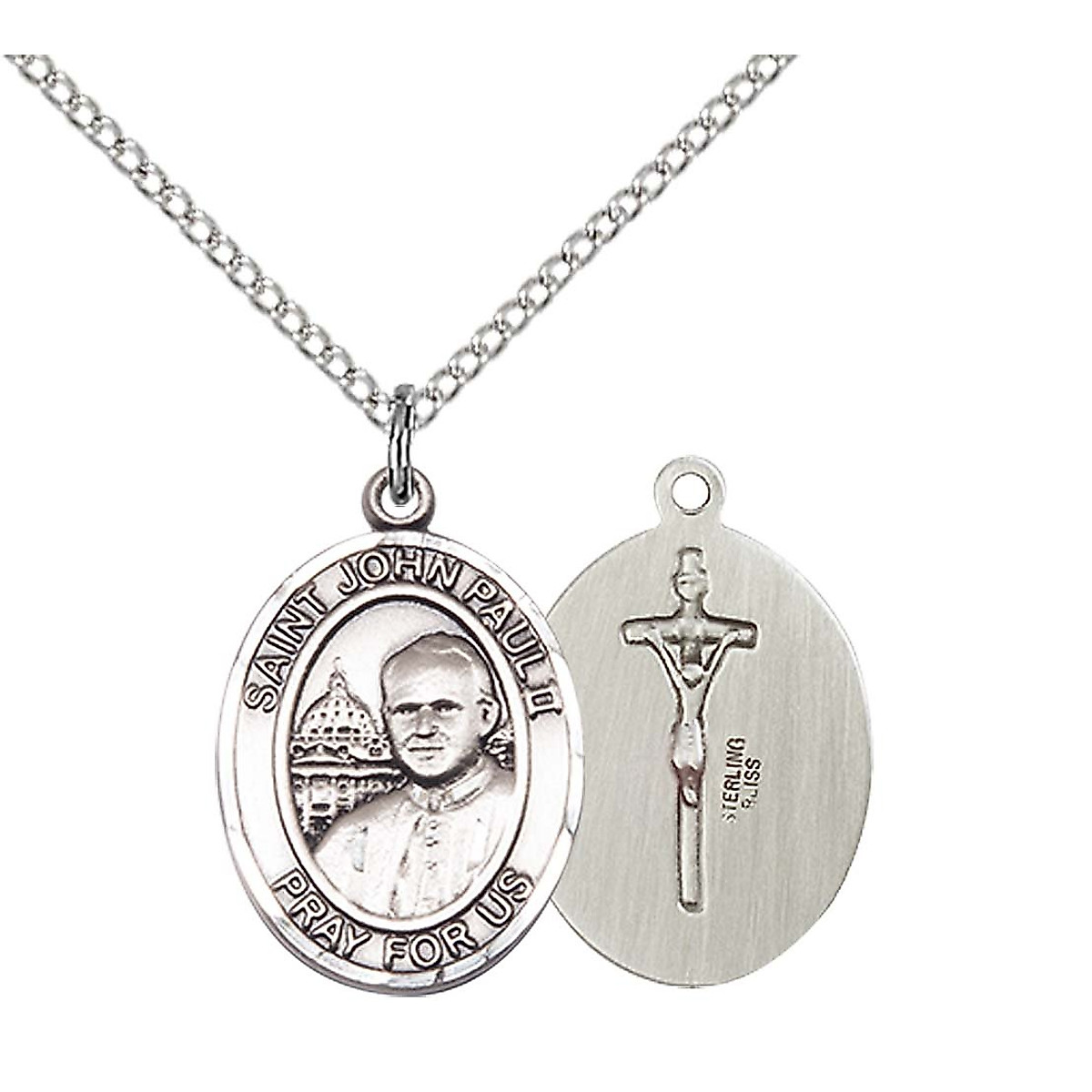 F A Dumont Sterling Silver St. John Paul II Pendant with 18" Stainless Steel Lite Curb Chain.