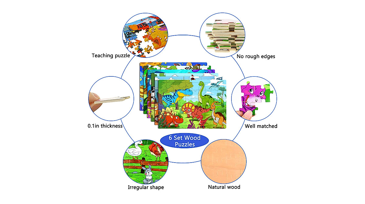 Wooden Jigsaw Puzzles for Kids 4-8 | 6 Pack Educational Set