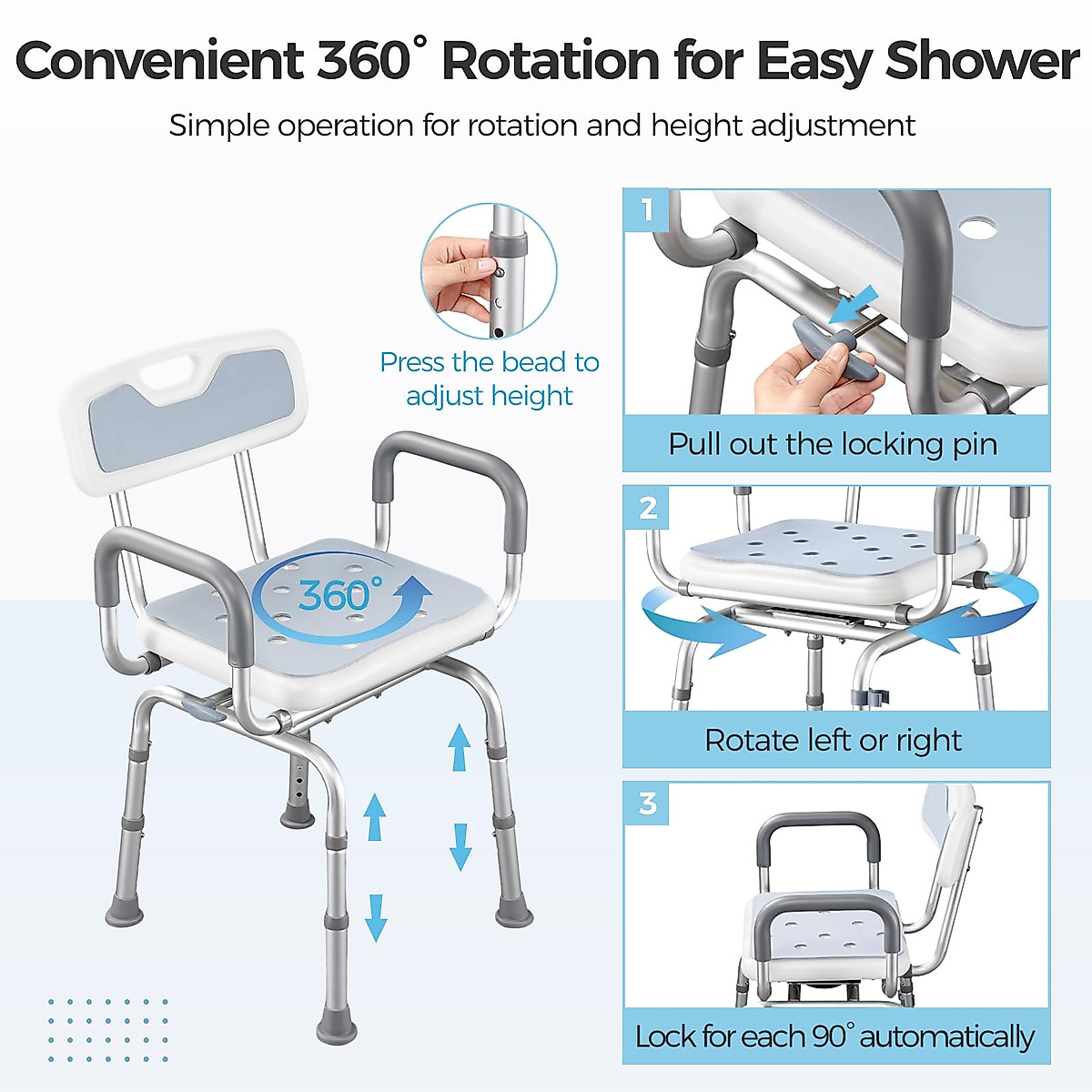 Swivel Shower Chair with Arms and Back, Hybodies Rotatable Shower Chair with Adjustable Height, Non-Slip Bath Tub Transfer Stool, Safe Adjustable Handicap Stool for Inside Bathtub Bathroom