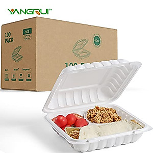 YANGRUI Clamshell Food Containers, 100 Pack Large Capacity 9 Inch 41 OZ Clean Film Package Meal Prep Container BPA Free Microwave Freezer Safe 3 Compartments Plastic To Go Containers