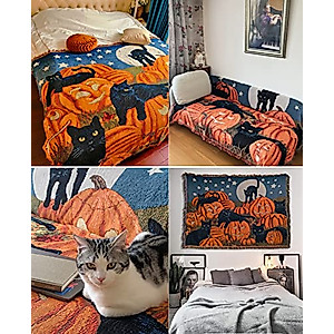 CUEERBOT Throw Blanket for Couch，Indie Room Decor Black Cat and Halloween Pumpkin Cotton Blanket (Orange, Large 63X87 Inches)
