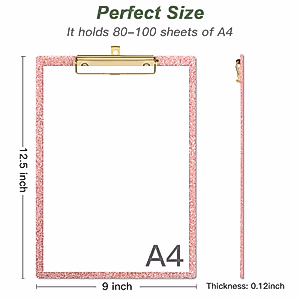 Rimilak Acrylic Glitter Clipboards, Sparkly Board with Low Profile Gold Clip, Designed for Classroom School and Office Use, A4 Letter Size 9 x 12.5 in, Rose Gold