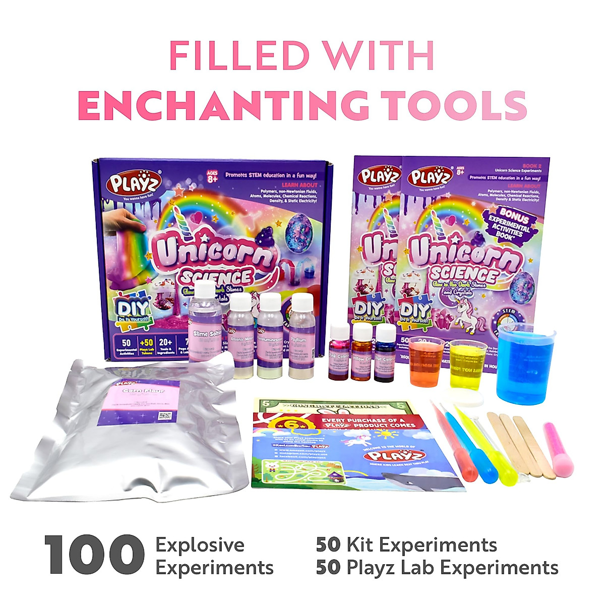 Playz Unicorn Slime & Crystals 100+ Science Experiments Kit Gift for Girls & Boys to Make Glow in The Dark Unicorn Poop, Snot, Fluffy Slime, Crystals, Putty, Arts & Crafts for Kids Age 8-12