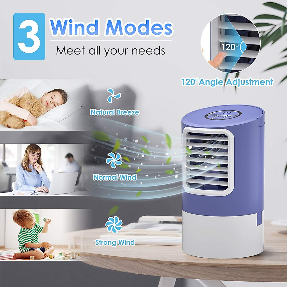 Portable Air Conditioner, 3-in-1 Personal Air Cooler with 3 Speed, 400ML Evaporative Humidifier with 2/4 Timer, Desktop Mini Cooling Misting Fan for Room Home Office, 7 Color Night Lights (White)