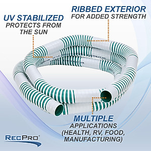 RecPro RV Fresh Water Fill Hose 1 1/4" | Freshwater Line | Fresh Water Hose | Ribbed with Flat Smooth Sections | Concession Water Tank Parts (10 Feet, With Hose Clamps)