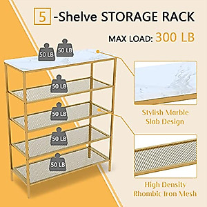 IOTXT Metal Shoe Rack, 5-Tier Shoe Storage Unit Flat, Shoe Organizer Shelf with 4 Metal Mesh Shelves and MDF Wooden Top Board for Entryway, Hallway, Closet, Living Room, Bedroom, Industrial, Gold