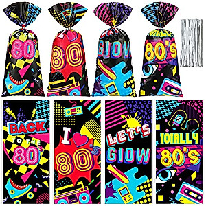 Hotop 100 Pcs 1980s Party Cellophane Bags 80s Gift Treat Bag Goodie Candy with 150 Ties Back to the I Love Retro Themed for Hip Hop Throwback Birthday Decorations Supplies