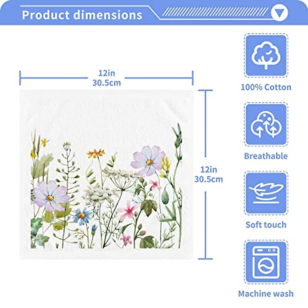 xigua Herbs and Wild Flower2 Wash Cloths 6 Pack - 12 x 12 Inch Super Soft Washcloths for Your Face and Body - 100% Cotton Highly Absorbent Baby Face Towel