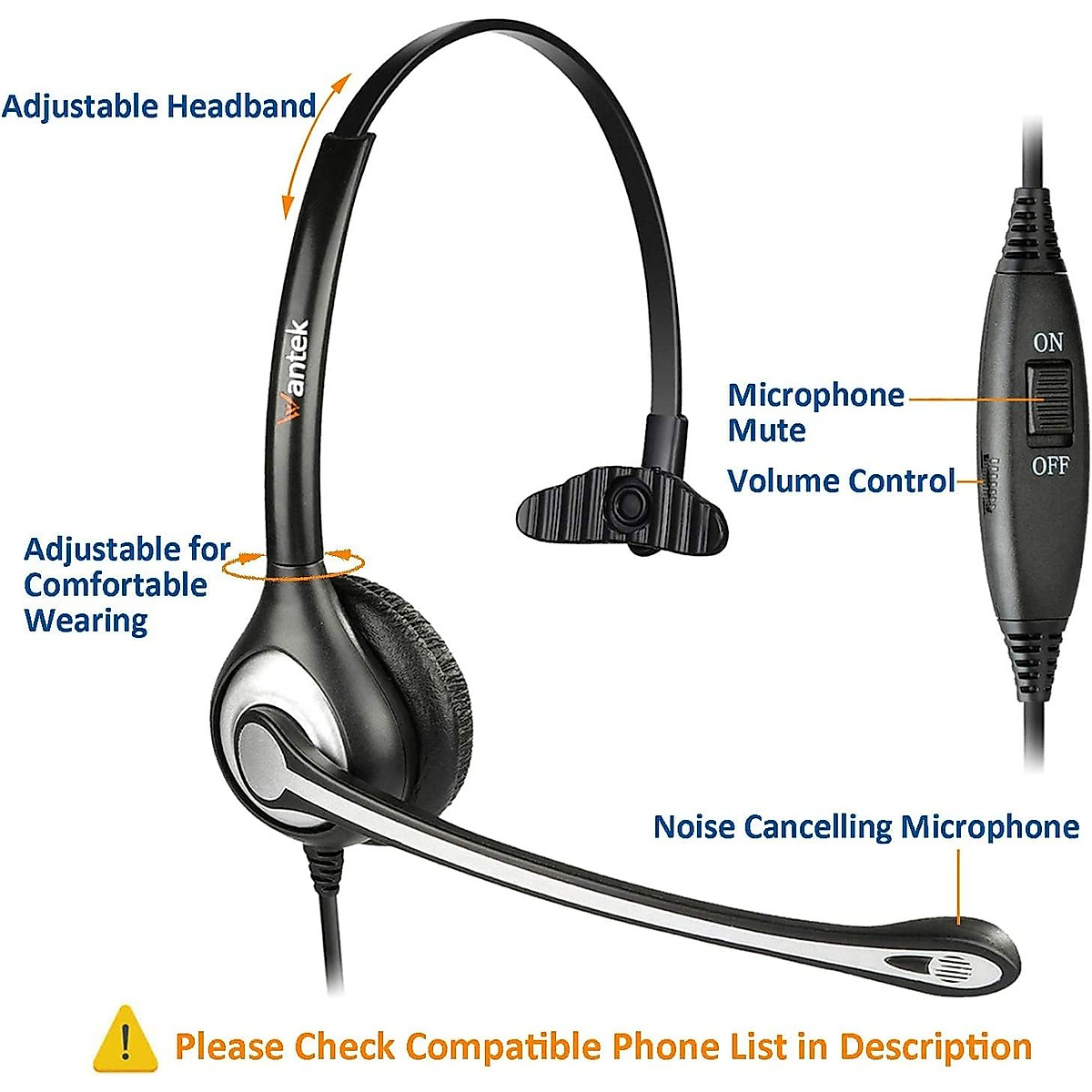Wantek Telephone Headset Corded RJ9 Headphone with Mic & Noise Cancelling Phone Headsets Compatible with Plantronics Polycom VVX310 410 Yealink S12 Avaya 1408 1416, Landline Phone Headset
