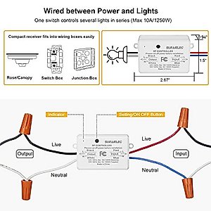 Suraielec 3 Way Wireless Light Switch, No Wiring, No WiFi, 100ft RF Range, Pre-Programmed, Expandable Wireless Wall Switch and Receiver Kit, Remote Control Light Fixture for Lamp, Ceiling Light, Fan