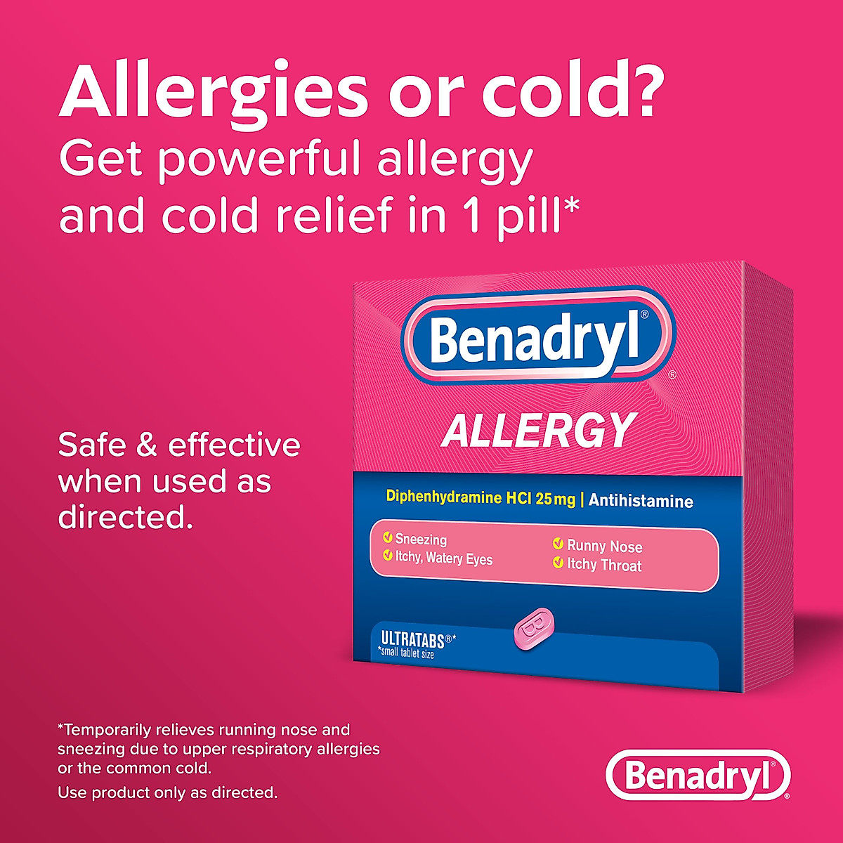 Benadryl Ultratabs Antihistamine Allergy Relief Tablets, Diphenhydramine HCl 25mg, 24 Count (Pack of 2)