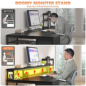 EnHomee 70.9" L Shaped Gaming Desk with Drawers Reversible L Shaped Computer Desk with Power Outlet & LED Lights Home Office Desk with Storage Shelves and Monitor Stand Corner Desk, Black Carbon Fiber