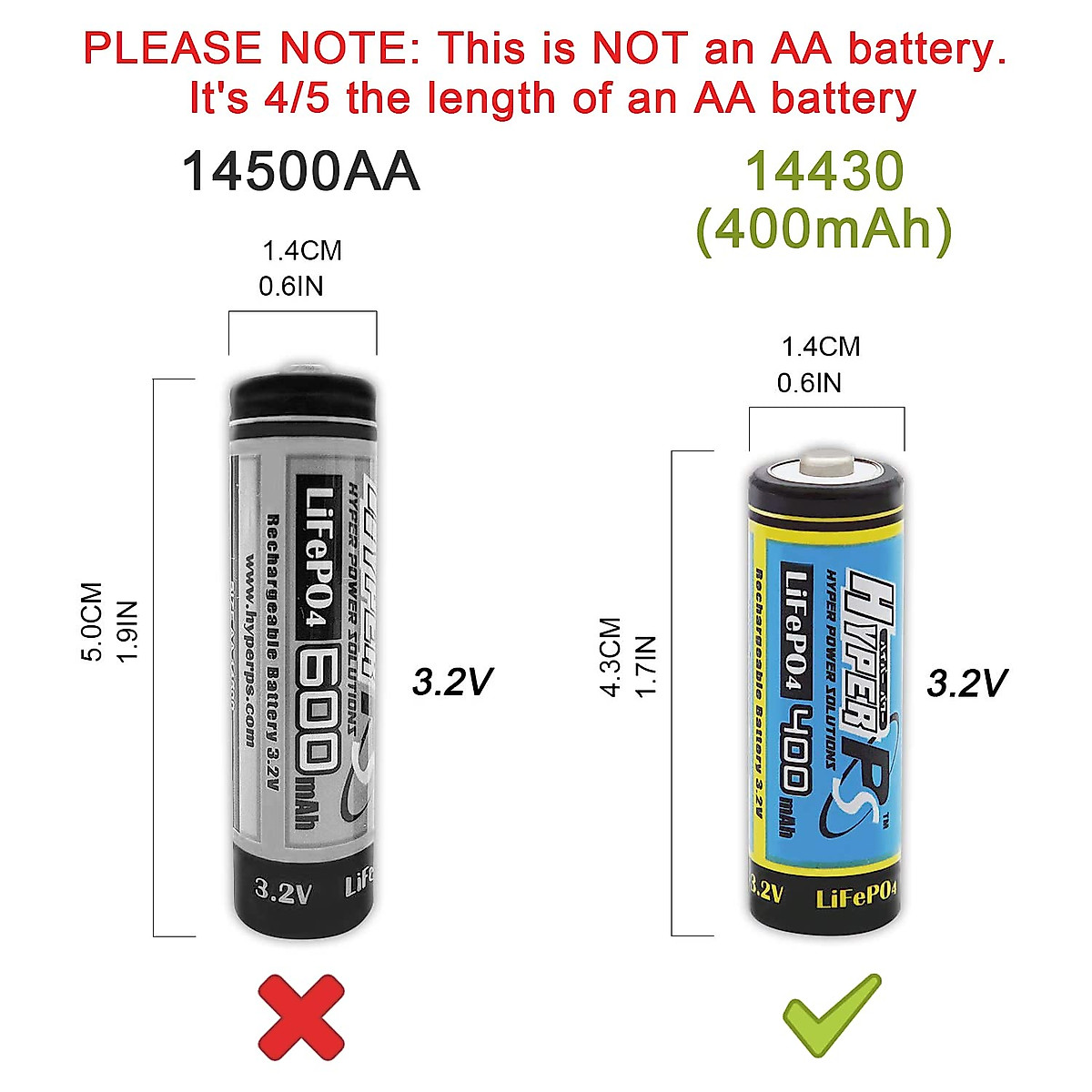 (16-Pack) HyperPS 3.2V LiFePo4 14430 (14 x 43mm) 400mAh Rechargeable Battery for Solar Panel Light, Tooth Brush, Shaver, Flashlight
