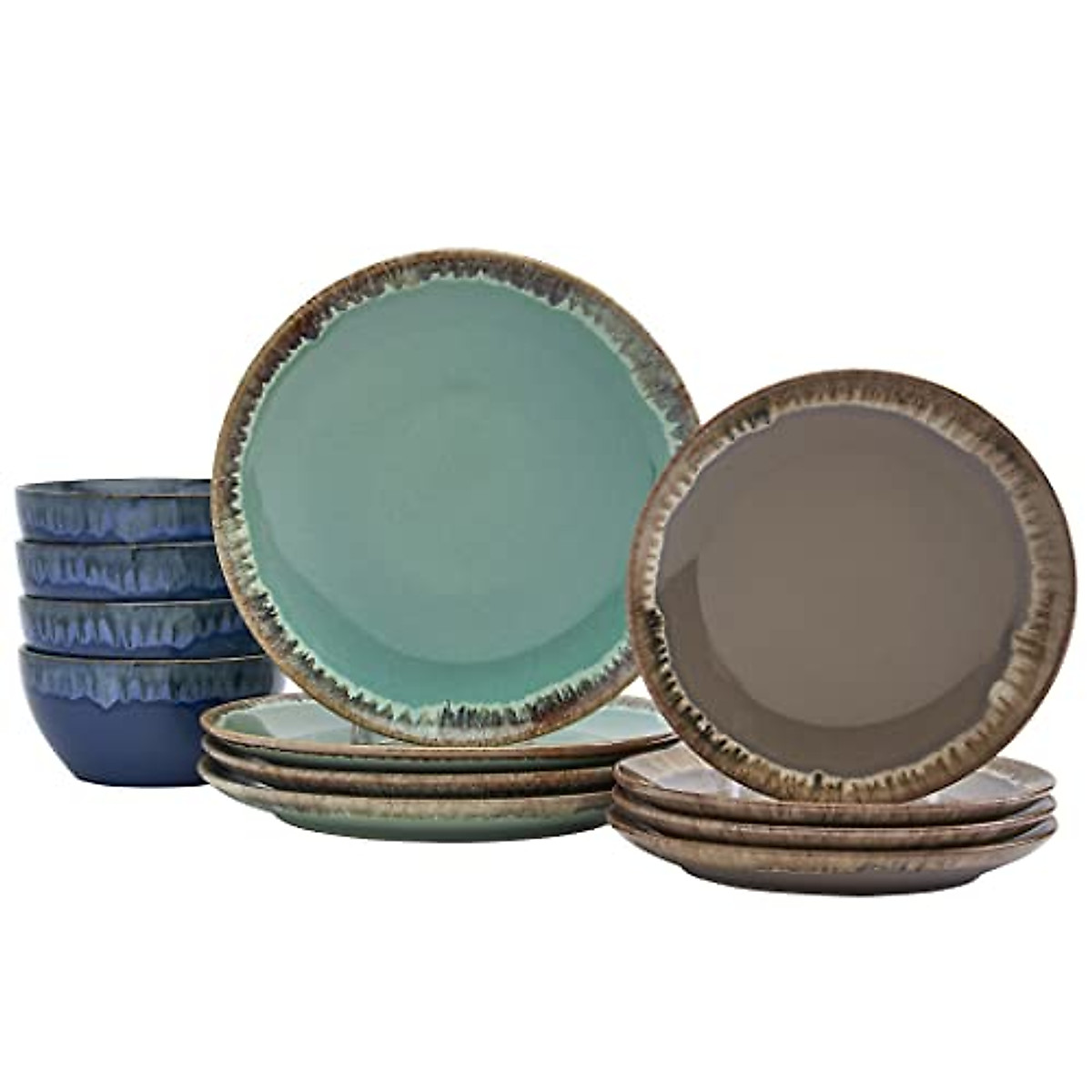 Tabletops Gallery Tuscan Reactive Glaze Stoneware- Dining Entertainment Plate Bowl Ceramic, 12 Piece Tuscan Dinnerware Set (Blue, Green, and Brown)