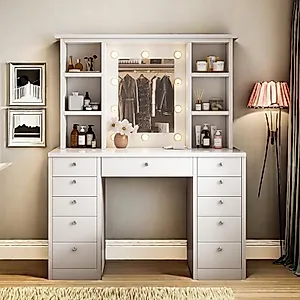 Leavader Large Vanity Desk with Mirror and Lights, 3 Colors Adjustable, White Makeup Table with 10 LED Bulbs, Makeup Desk with 11 Multi-Sized Drawers & 6 Shelves, Dressing Table for Home Apt