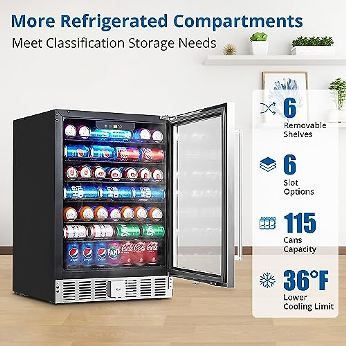Takywep 24 Inch Beverage Refrigerator, 5.1 Cu.ft Beverage Cooler Under Counter, 166 Cans Drink Fridge for Drinks, Soda, Beer or Wine, 36～60°F Adjustable Temperature.