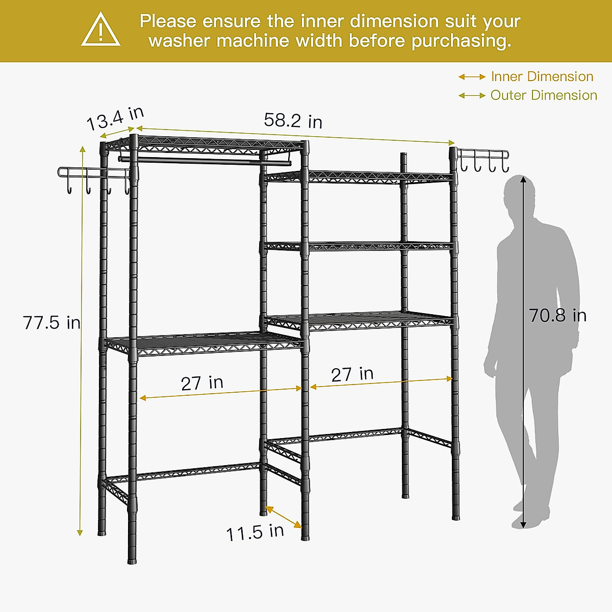 Ulif U5 Over the Washer and Dryer Storage Shelf, Laundry Room Space Saver Bathroom Storage and Organizer Rack for Hanging Towels and Drying Clothes with 5 Wire Shelves, 58.2"W x 13.4"D x 77.5"H, Black
