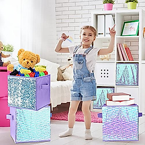 6 Pcs Foldable Sequin Storage Basket Bin 10 Inch Large Fabric Storage Cubes Storage Bin Closet Bins Nursery Bins Shelf Baskets Kids Toys Organizer Boxes for Nursery Home Bedroom Drawer (Purple)