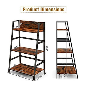 Tangkula 3-Tier Ladder Bookshelf, Industrial Wooden Bookcase w/Metal Frame, Anti-Toppling Device, Freestanding Display Shelf Plant Stand, Storage Rack for Home Office Living Room Kitchen (2, 3-Tier)
