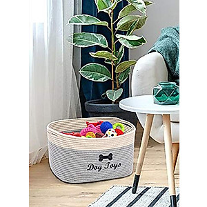Xbopetda Dog Toy Basket, Cotton Rope Storage Basket, Laundry Basket Storage Bin Pet Toy Organizer Box - Perfect for Holding Pet Clothes/Blankets/Treats-Gray/White