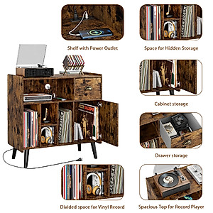 miadore Record Player Stand, Vinyl Records Storage Cabinet Display Shelf with Power Outlet, Turntable Stand Mid-Century Record Player Table with Wood Legs for Living Room,Bedroom,Office