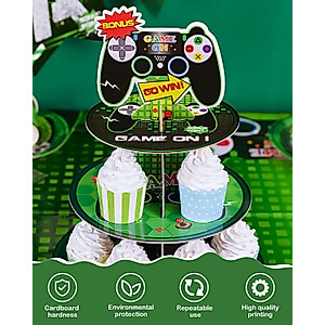 WERNNSAI Video Game Cupcake Stand - 3-Tier Gaming Party Decorations for Boys Cardboard Cupcake Holder Round Serving Tray Stand Dessert Tower Video Game Theme Birthday Party Supplies