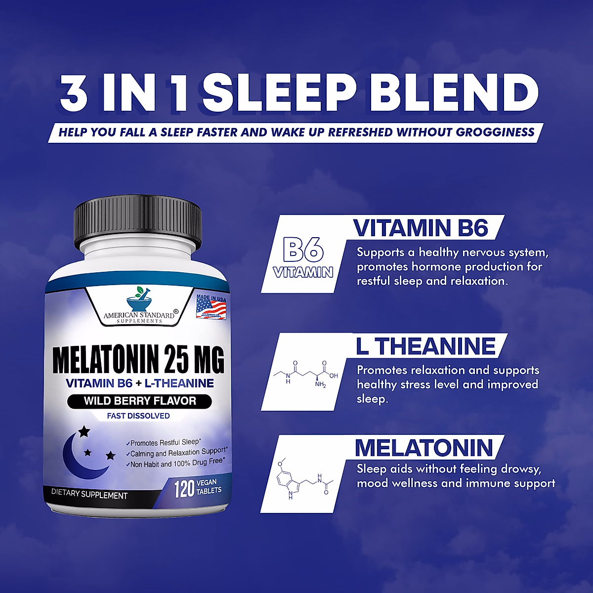 Melatonin 25mg Per One Tablet, 120 Chewable Tablet with L-Theanine & Vitamin B-6, Supports Healthy Sleep Cycle , Promotes Calming & Restful Sleep, Vegan, NON GMO, Made In USA