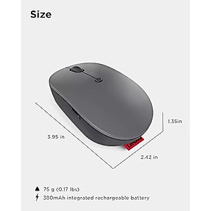Lenovo Go Multi-Device Wireless Mouse, 2.4GHz Nano USB-C Receiver, Bluetooth, Adjustable DPI, USB-C Rechargeable Battery, Qi Wireless Charging, Ambidextrous, GY51C21211, Grey