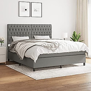 GOLINPEILO California King Fabric Box Spring Bed with Mattress Set,Included 1 x Bed Frame/1 x Headboard/1 x Mattress/1 x Mattress Topper, Dark Gray with Black Legs (Style F)
