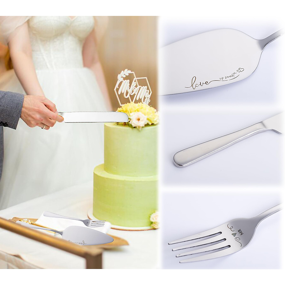 iooiluxry Cake Cutting Set for Wedding, Wedding Cake Knife and Server set Silver Cake Cutter Set and Pie Server Spatula for Wedding Anniversary Birthday Christmas Gifts (Silver)