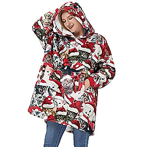 Christmas Cat Sweatshirt Blanket Wearable Hooded Throw Hat Xmas Nap Sherpa Giant Big Pocket Holiday Party Gifts Oversized Sweater Jacket Hoodies For Teens Girls