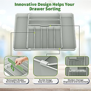 fifame Silverware Drawer Organizer, Expandable Kitchen Utensil Organizer, Larger Capacity Flatware and Cutlery Tray, Multi-Purpose Drawer Storage for Kitchen, Dressing Table, Office, Bathroom, (Grey)