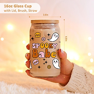 Fairy's Gift Halloween Spooky Cup, Cute Ghost Glass Cup with Lid and Straw, Spooky Babe & Ghost Skulls Halloween Cup, Spooky Ice Coffee Cup - Halloween Gifts, Spooky Gifts for Women, Teens, Her