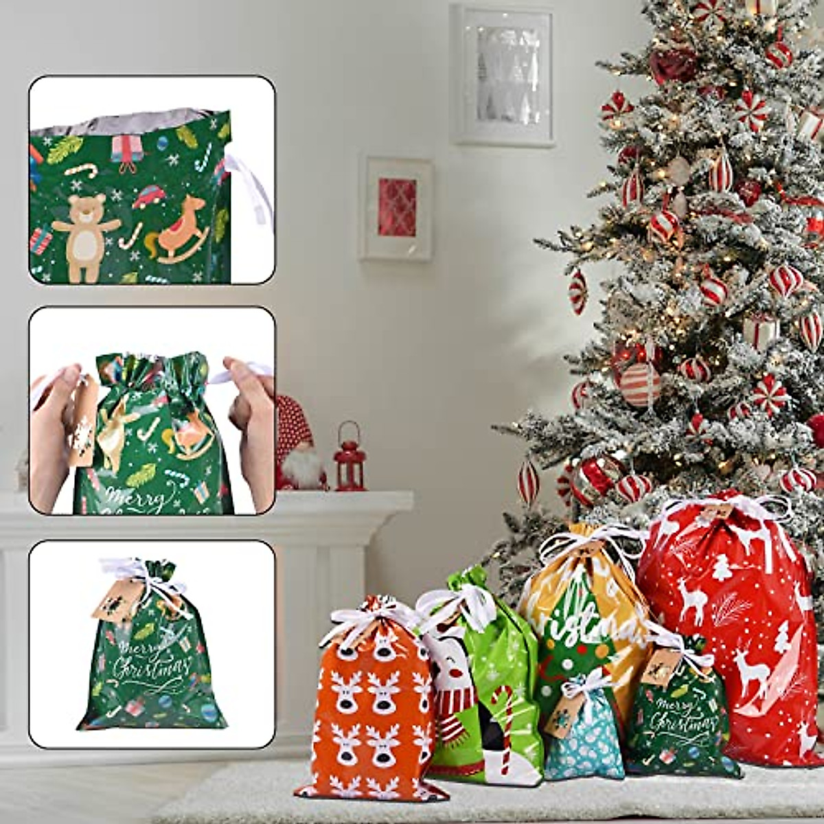 Drawstrings Christmas Gift Bags Assorted Sizes, 34Pcs Holiday Gift Bag Bulk Christmas Bags For Gifts, Reusable Plastic Xmas Presents Wrapping Bags Favor Goody Bags Jumbo/Extra Large/Medium/Small Size