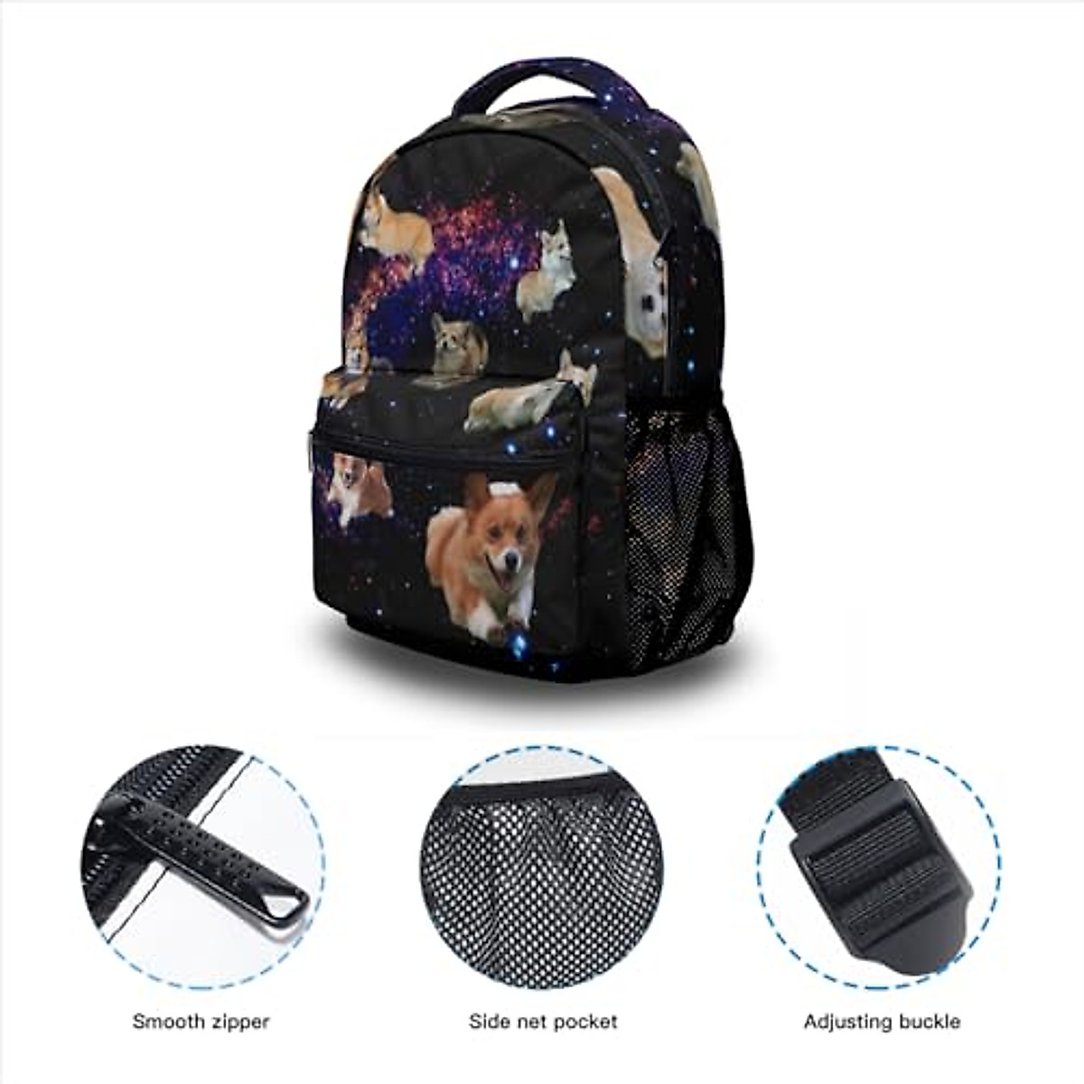 Granbey Galaxy Welsh Corgis Backpack Cute Space Puppies Waterproof College Bag Personalized Laptop Bag Travel Zipper Bookbag Casual Hiking Shoulder Daypack for Men Women Teens
