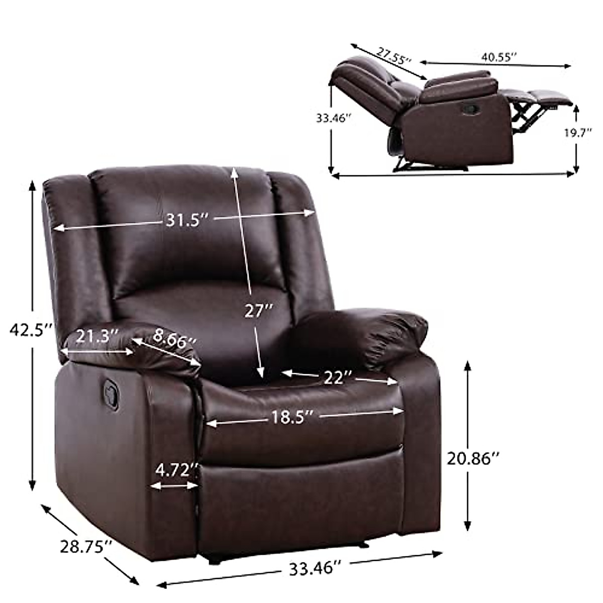 ASHOMELI Large Real Leather Recliner Chair, 150 Degree Tilt, Living Room Bedroom Sofa Recliner (Brown)