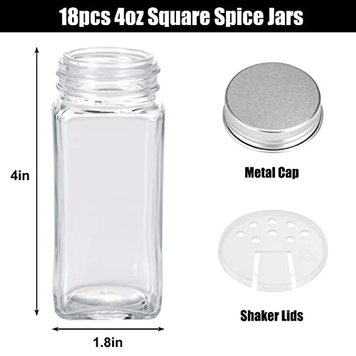 CUCUMI 18 Pcs Spice Jars with Labels, 4oz Empty Square Spice Bottles with Shaker Lids, Airtight Metal Caps, Collapsible Funnel, Chalk Pen, Seasoning Containers for Spice Rack, Drawer, Cabinet