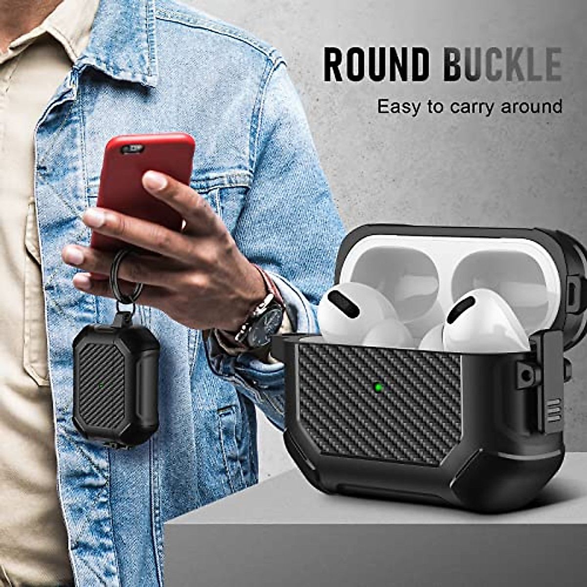Maxjoy for AirPods Pro 2nd Generation Case 2022, Carbon Fiber Secure Lock Clip Full Body Shockproof Hard Shell Protective Case Cover with Keychain for Apple AirPod Pro 2, Black