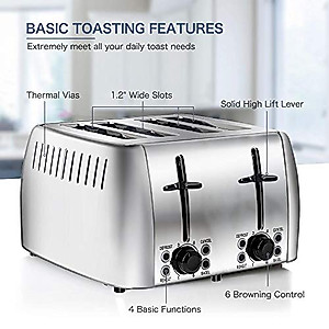 prepAmeal 4 Slice Toaster Stainless Steel Toaster Two Slice Bagel Toaster Small Bake Toaster with 6 Browning Setting, Reheat, Defrost, Bagel, Cancel Function, Extra Wide Slots (silver - 4 slice)