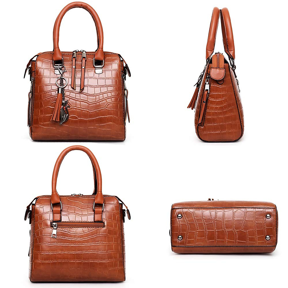 Women Handbag and Purse 4pcs Wax PU Tote Set Shoulder Top Handle Bag Satchel Clutch Card Holder wtih Tassel Brown