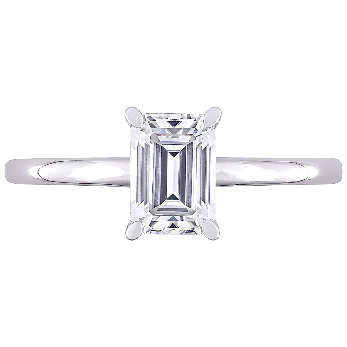 Abbie+Cleo Emerald Shape Created White Moissanite Gemstone Solitaire Statement Ring in Rhodium Flash Plated Sterling Silver, Size 6