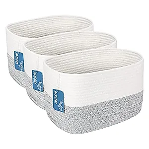 AUSSIY 3 Pack Rope Baskets for Storage Basket, Cotton Rope Woven Basket with Handles. Blanket Basket for Storing Clothes, Toys, Books, Shelves etc, 15''L x 10''W x 9.5''H, Gray/White