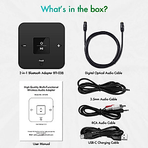 Giveet Bluetooth Transmitter Receiver for TV to Headphones, 2-in-1 Bluetooth V5.0 Adapter w/Volume Control, Optical RCA AUX for PC/DVD/MP3/Home Theater, 25Hrs Playtime, Pairs 2 Devices Simultaneously