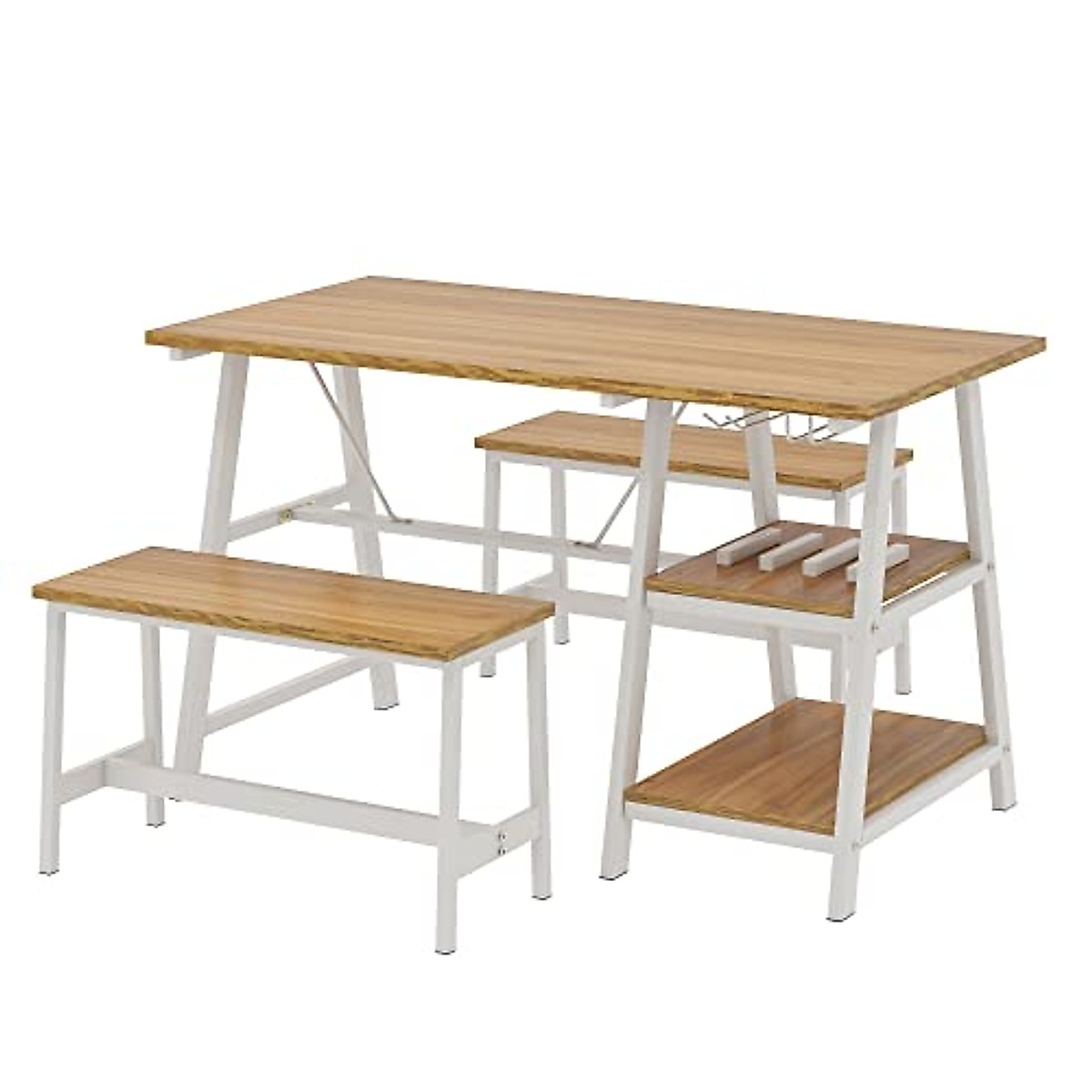 SogesGame Dining Table Set 3 Piece Kitchen Table Set Breakfast Table Set with Benches and Wine Rack Glass Holder 47.2 in Dining Room Table Set for 4 Oak