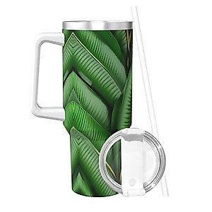HULIBIN Banana Leaf Green Print Double Deck Stainless Steel Travel Coffee Cup With Lid 40 Oz Ice Bully Cup