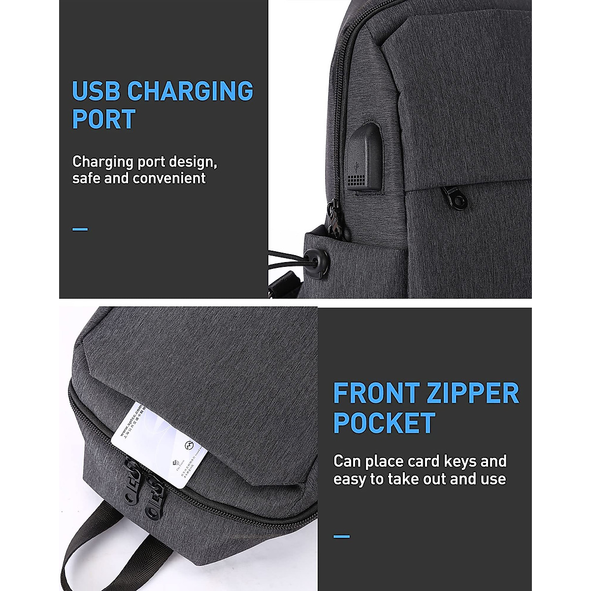 Small Black Sling Crossbody Backpack Shoulder Bag for Men Women, Lightweight One Strap Tactical Chest Backpack Sling Bag Backpack for Hiking Walking Biking Travel Cycling USB Charger Port Nylon Gray