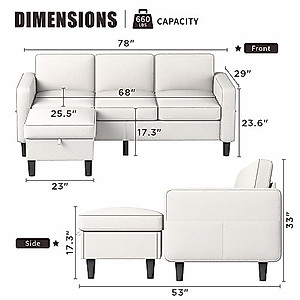 Sunrise Coast Sectional L Shaped Couches for Living Room 3 Seater Sofas with Movable Storage Ottoman, Beige