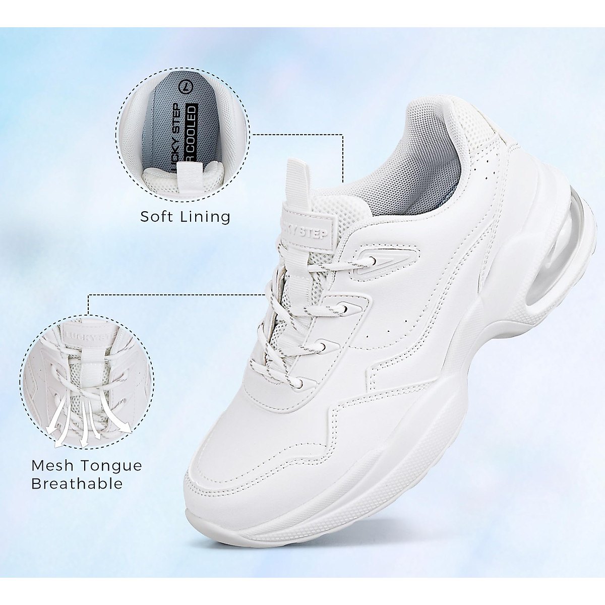 LUCKY STEP Women‘s Air Cushion Fashion Sneakers Platform Casual Walking Resistant Tennis Shoes Hologram Leather Comfortable Travel Sneakers(All White,9B(M) US)