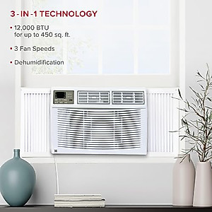 RCA 12,000 BTU 115V Window Mounted Air Conditioner & Dehumidifier with Remote Control, Window AC Unit for Apartment, Living Room, & Medium Rooms up to 450 Sq. Ft. in White